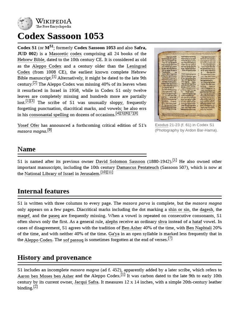 Wiki - Codex Sassoon - 1053 - ENG | PDF | Hebrew Bible | Jewish Texts