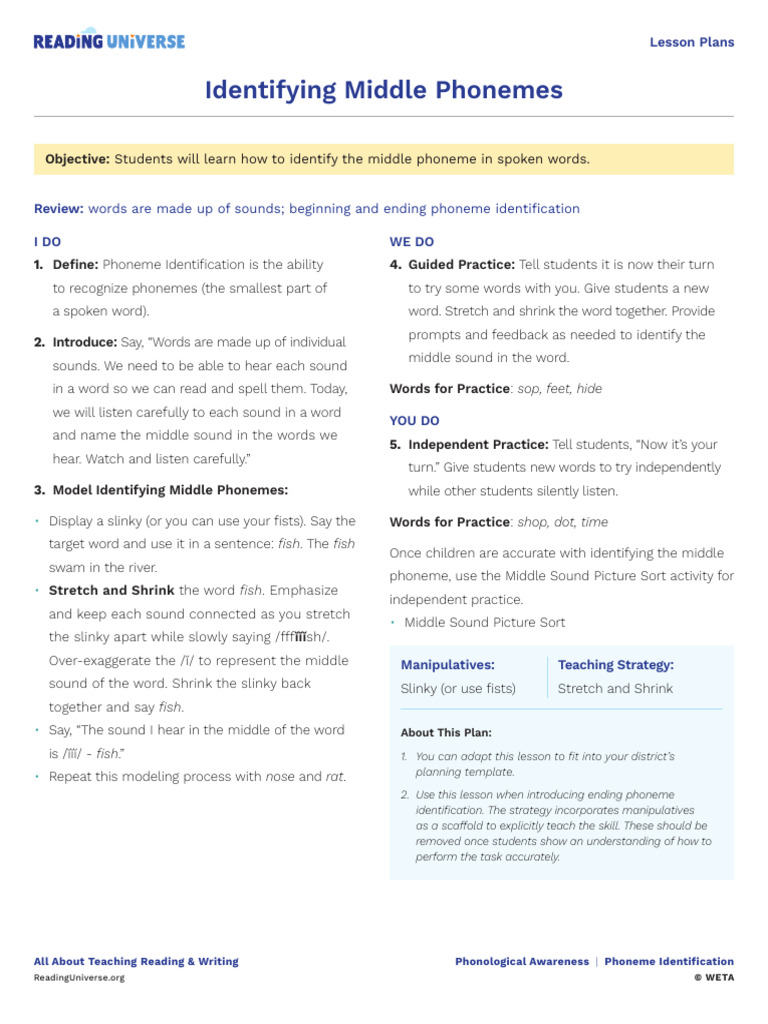 Identifying Middle Phonemes Lesson Plan Reading Universe - 2023 05 05 ...