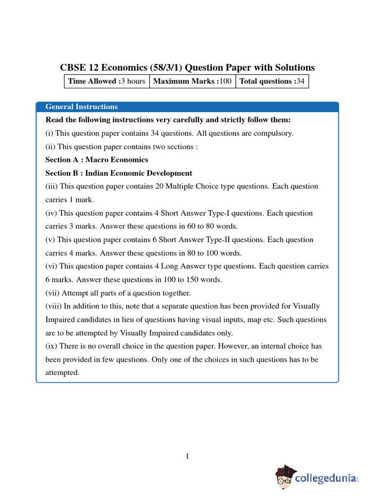 CBSE ECO 58-3-1 Question Paper With Solution | PDF | Gross Domestic ...