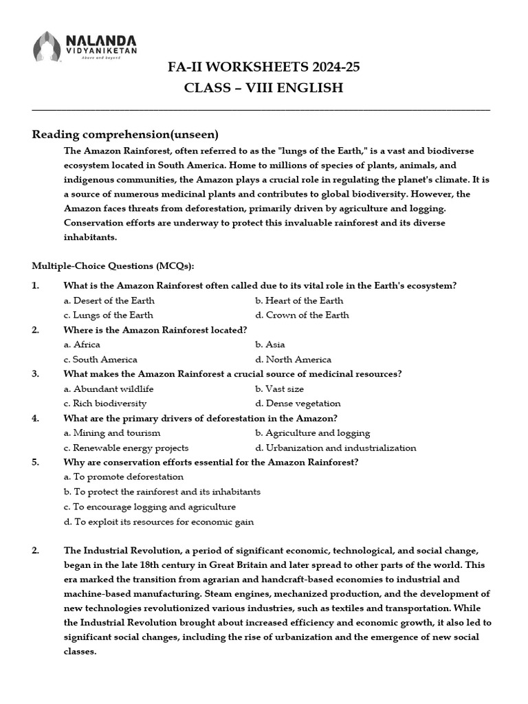 Class VIII ENGLISH - FA2 Revision Worksheets 2024 - 25 | PDF | Amazon Rainforest | Rainforest