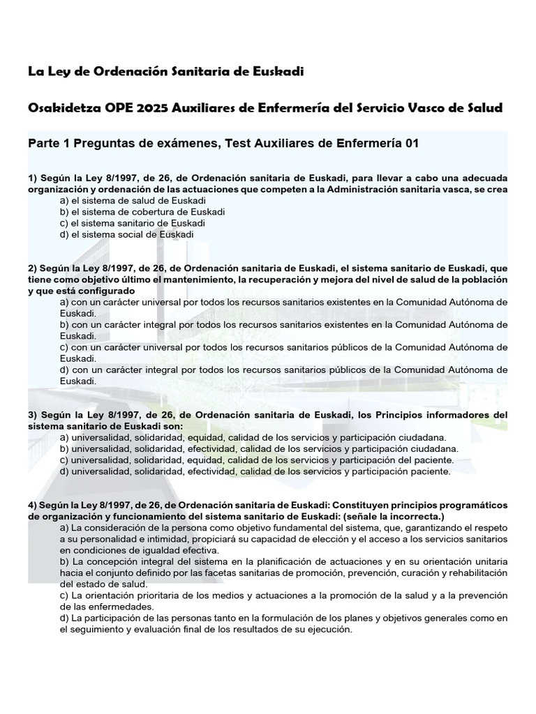 Test 01 Ley 8-1997 Ordenación Sanitaria de Euskadi Auxiliar Enfermeria ...