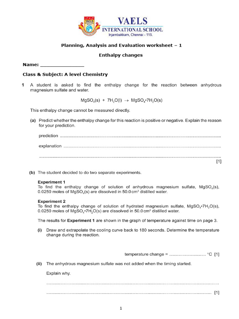 Enthalpy Changes Worksheet for A Level Chemistry | PDF