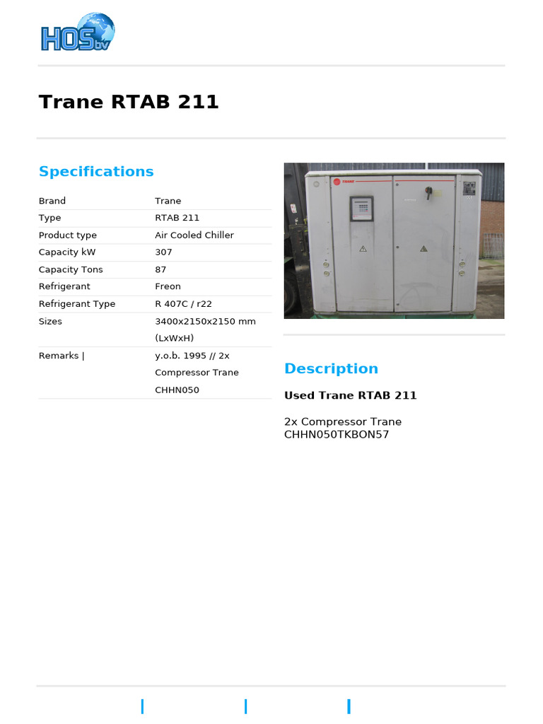 Used Trane RTAB 211 Chiller Details | PDF