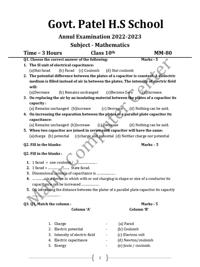Exam paper portrait formate | PDF | Capacitance | Capacitor
