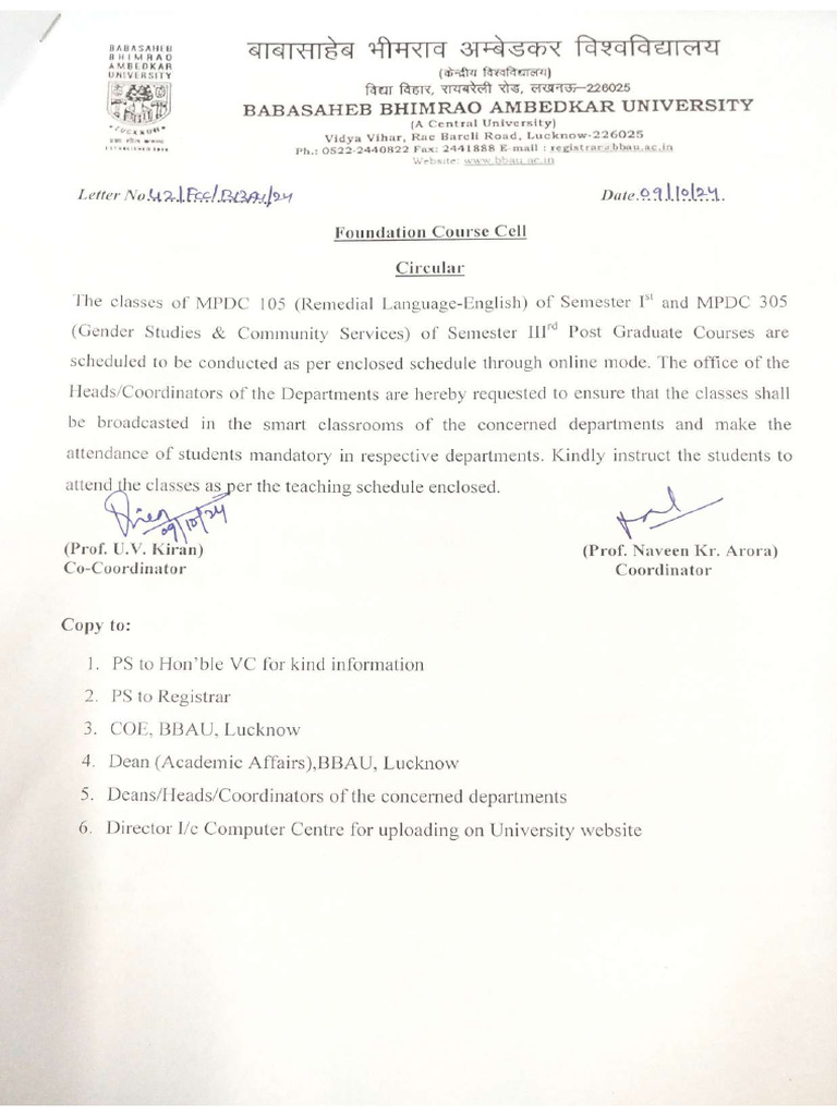 MPDC 105 & MPDC 305 Classes Schedule For PG Courses | PDF