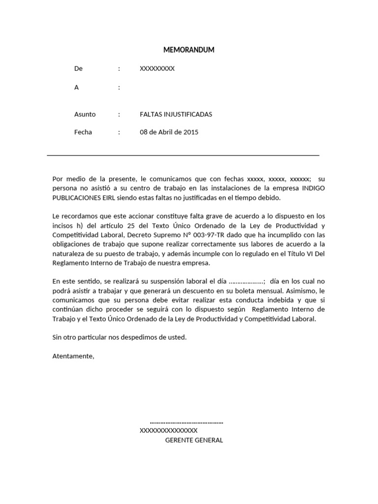 Memorandum-Faltas Injustificadas | PDF
