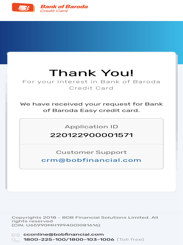 Bank of Baroda Credit Card Request Confirmation | PDF