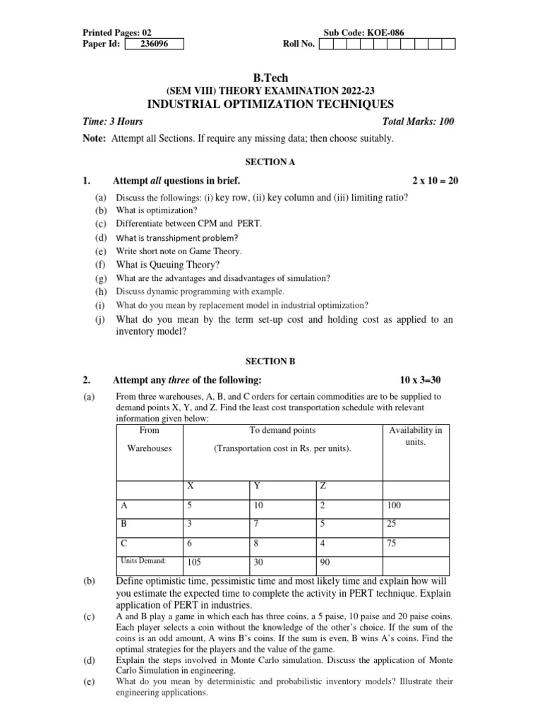 Btech Oe 8 Sem Industrial Optimization Techniques Koe 086 2023 | PDF | Applied Mathematics ...