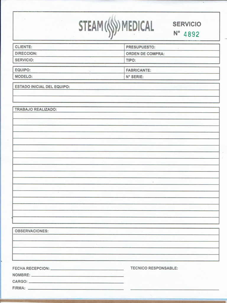 Hoja de Servicio Steam Medical | PDF