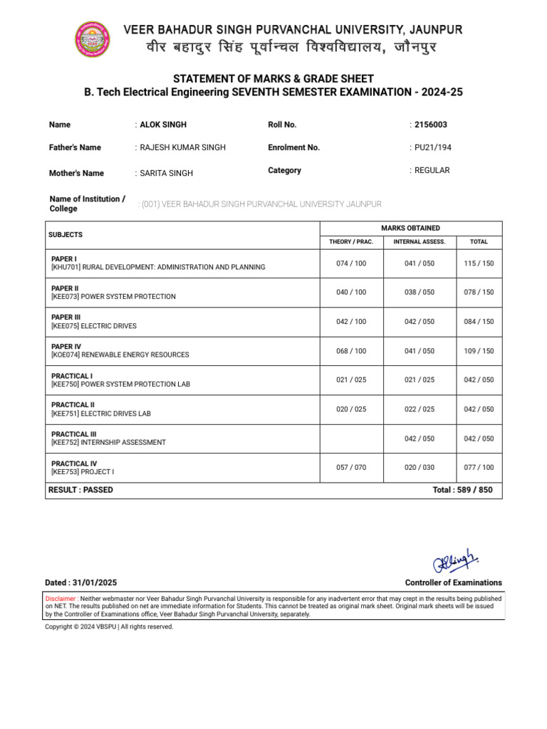 Btech 7th Semester Result Pdf