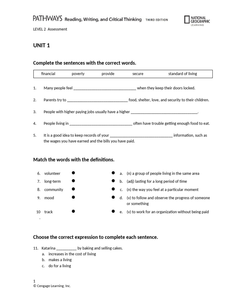 PathwaysRW3e L2 Assessment Unit01 | PDF | Cost Of Living | Laughter