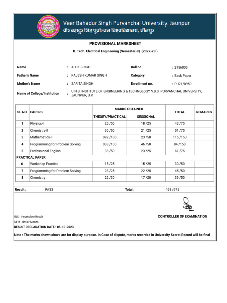 BTech 2nd Semester Back Result | PDF