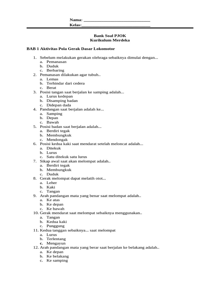 Soal PJOK Kelas 1 Semester 1 Kurikulum Merdeka | PDF