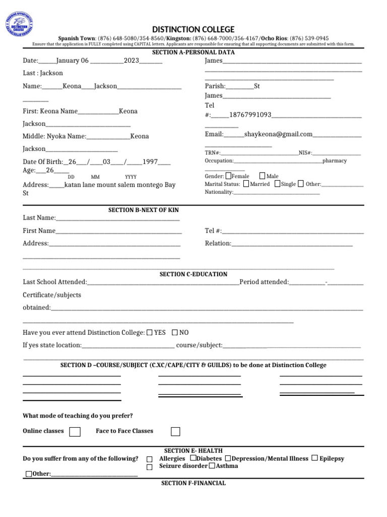 Distinction College Application Form | PDF | Medical Specialties ...