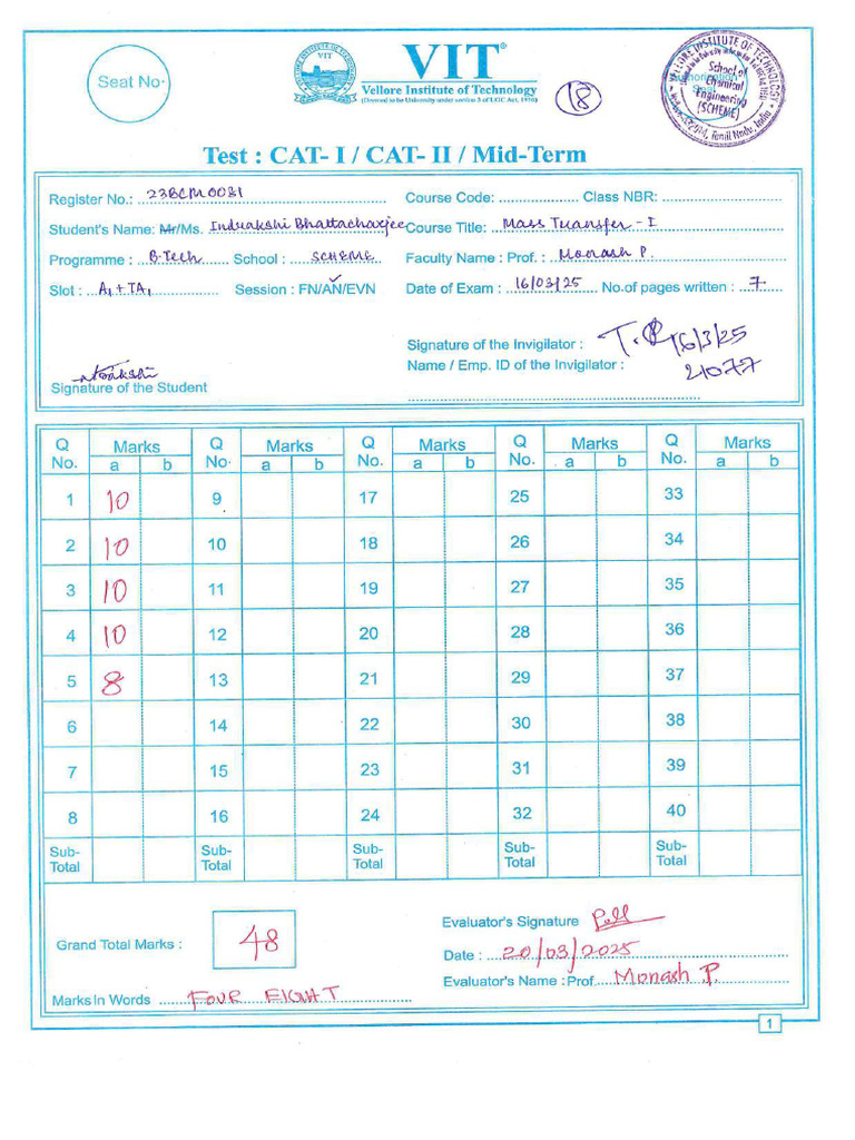 Winsem2024 25 Bche207l Th Vl2024250502671 Sample Answer Sheets Cat2 | PDF