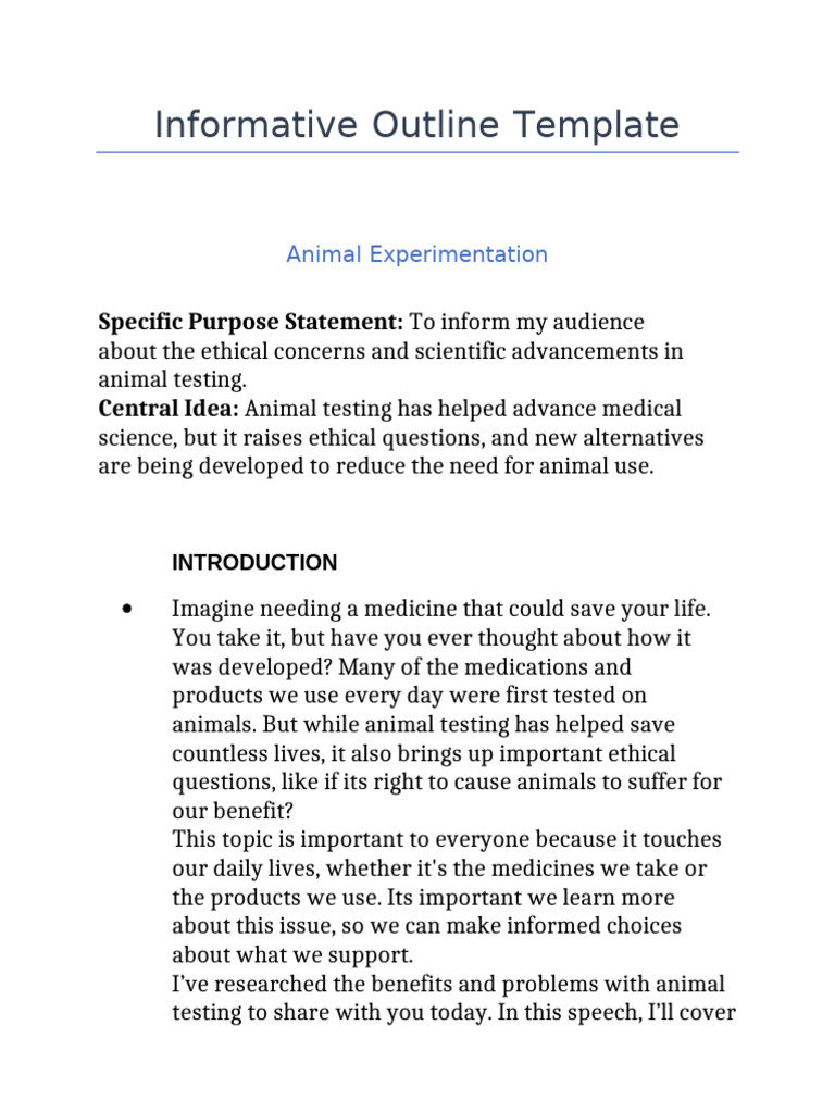 Informative Outline Template: Specific Purpose Statement | PDF | Animal ...