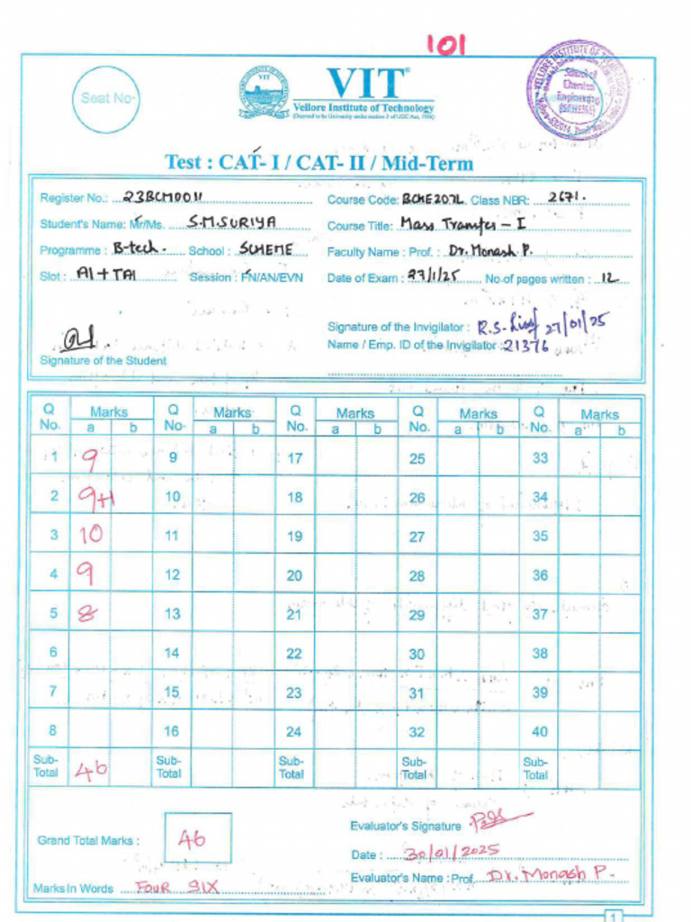 Winsem2024 25 Bche207l TH Vl2024250502671 Sample Answer Sheets Cat1 | PDF