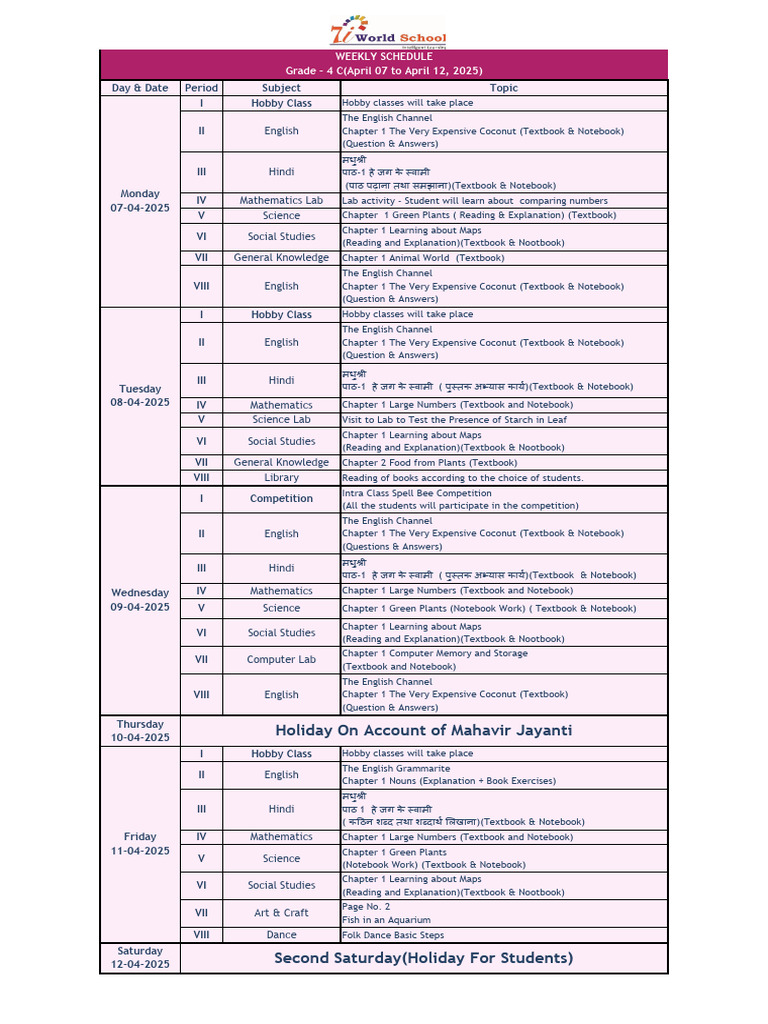 Grade 4C Weekly Schedule (Apr 7-12) | PDF