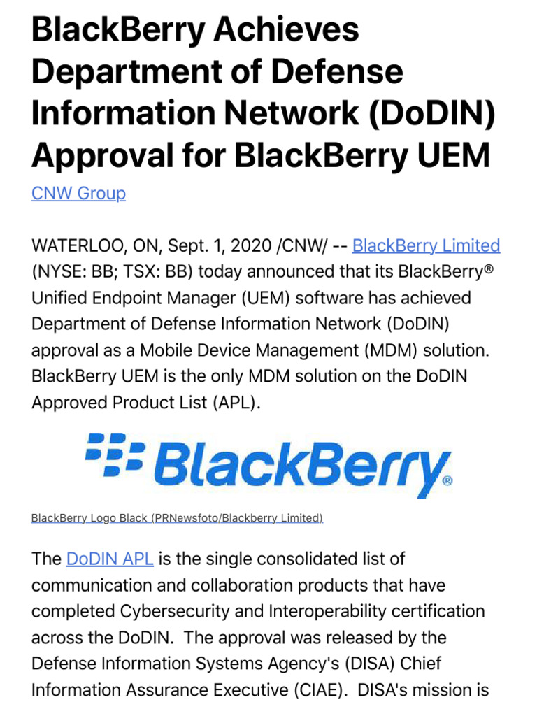 BlackBerry Achieves Department of Defense Information Network (DoDIN ...