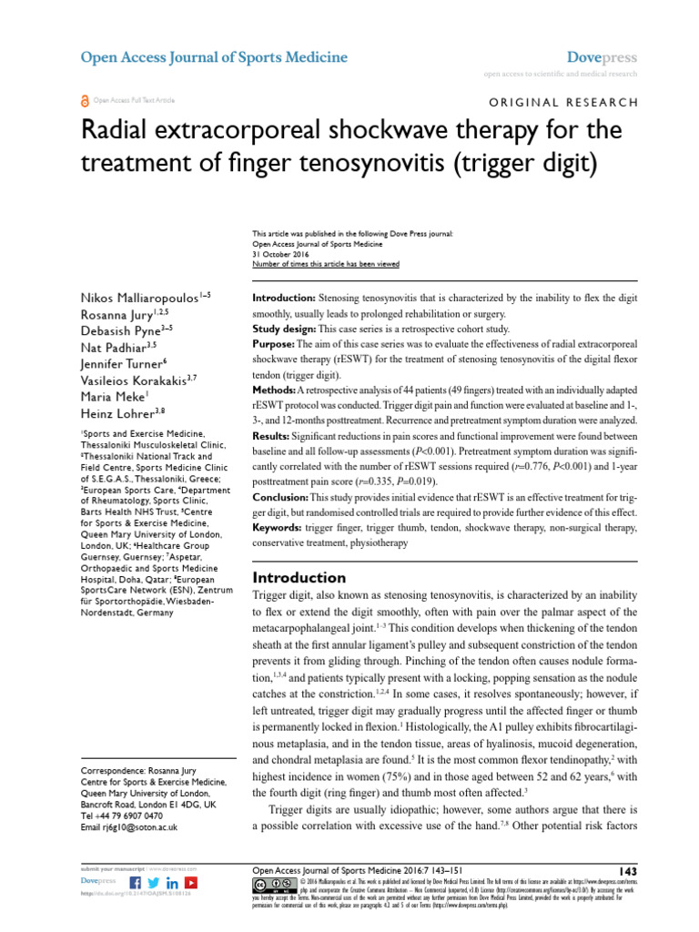 Radial Extracorporeal Shockwave Therapy For The Treatment of Finger Tenosynovitis (Trigger Digit ...