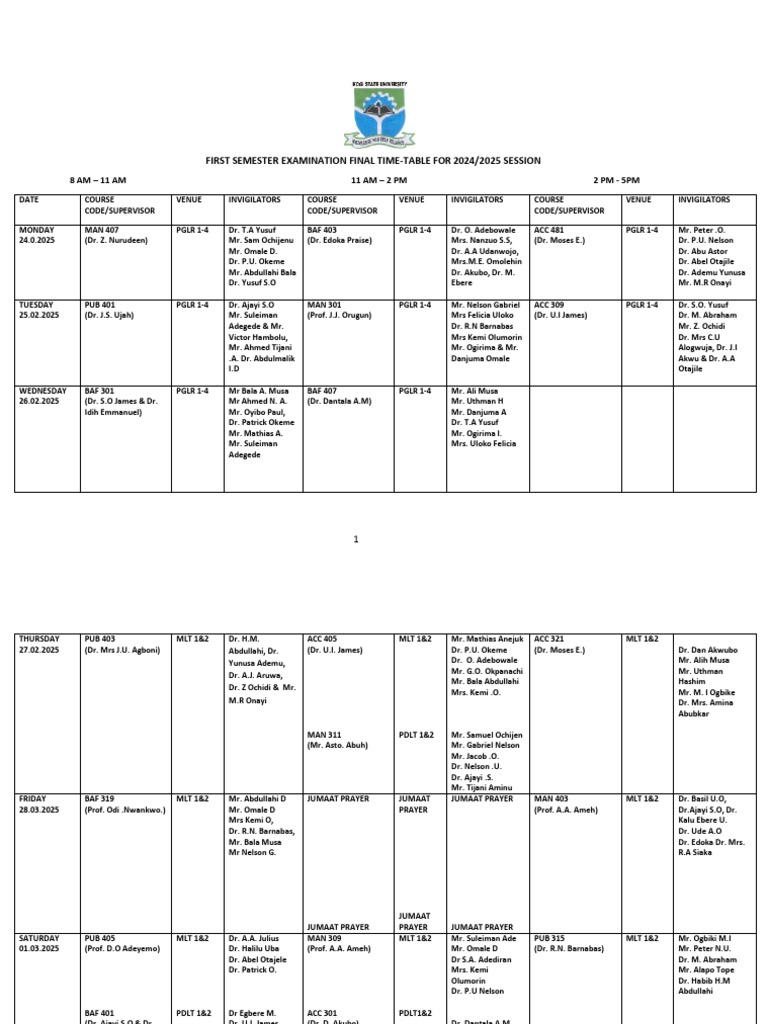 2024/2025 Exam Timetable - Management Faculty | PDF