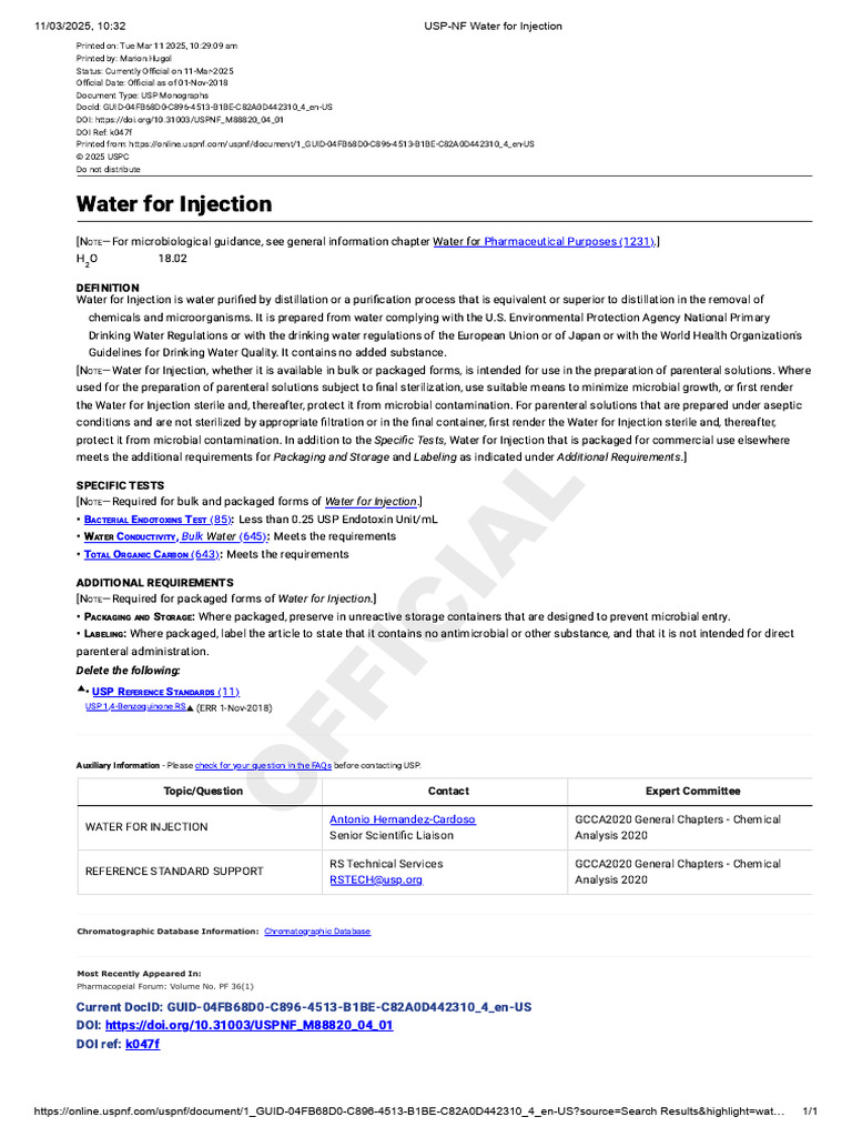 USP-NF Water For Injection | PDF | Water | Drinking Water