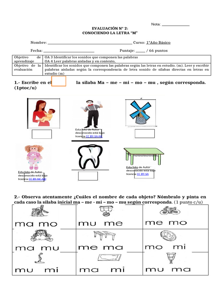 Evaluación de la Letra M en 1° Básico | PDF | Aprendizaje