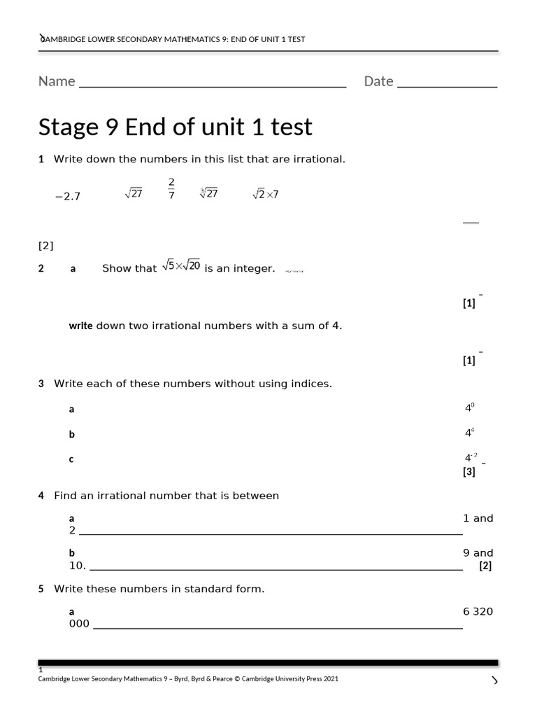 Stage 9 Maths Unit 1 Test | PDF | Numbers | Discrete Mathematics