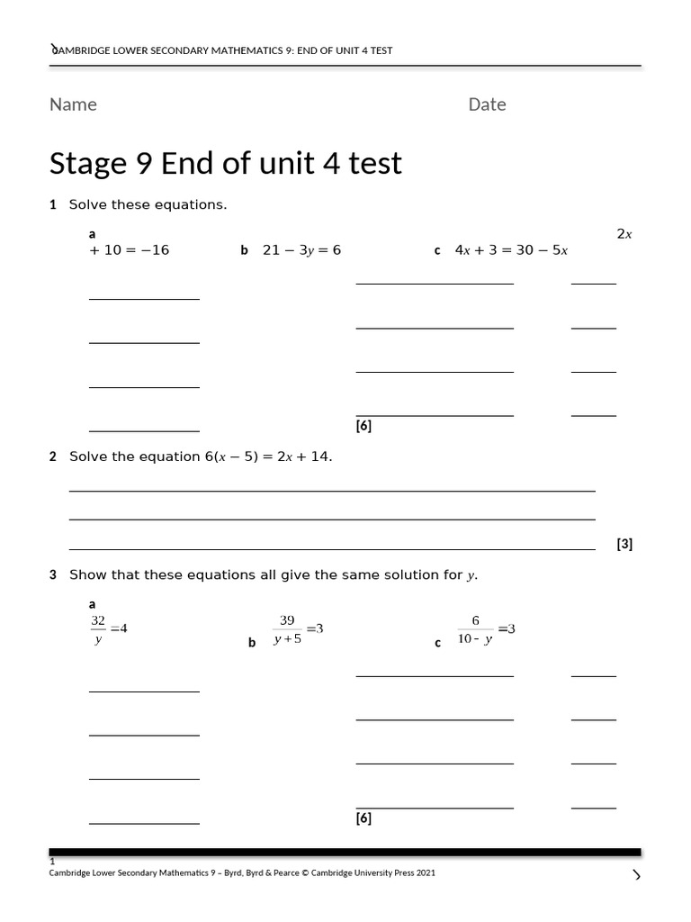 Stage 9 Mathematics Unit 4 Test | PDF | Equations | Mathematics