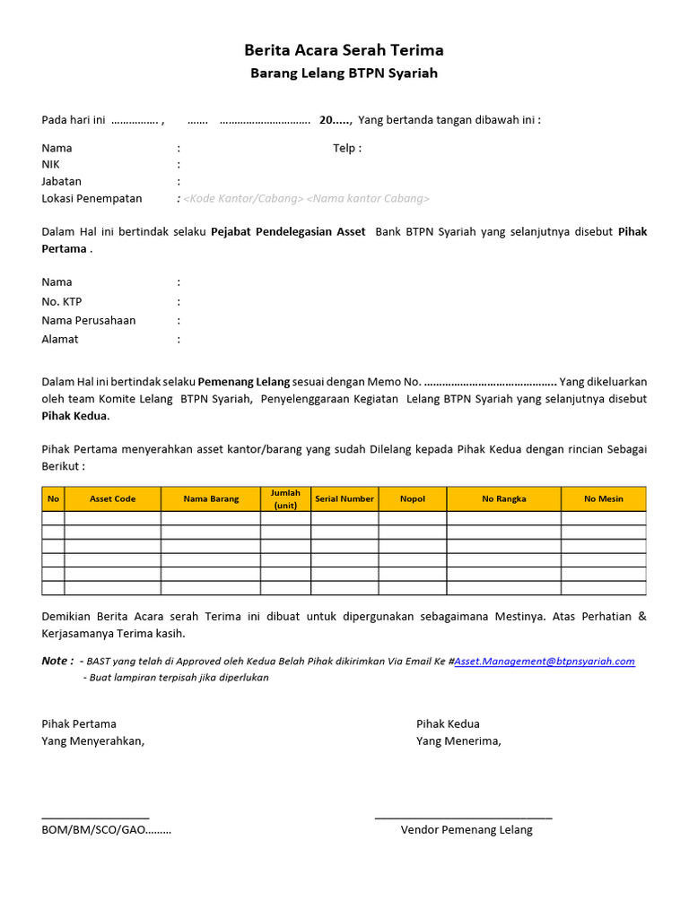 Serah Terima Barang Lelang BTPN Syariah | PDF