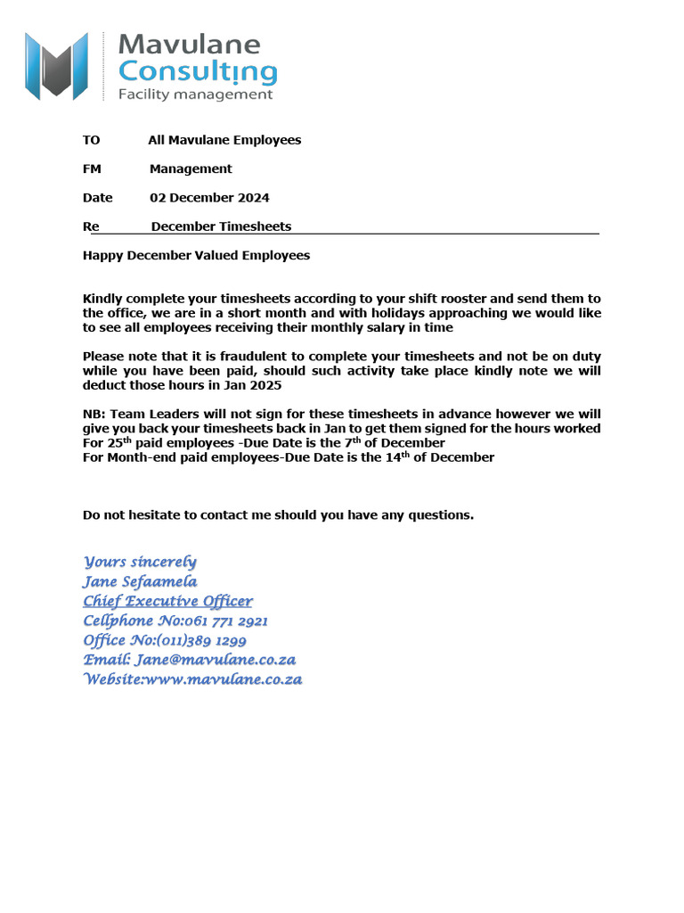 December Timesheets Memorandum | PDF