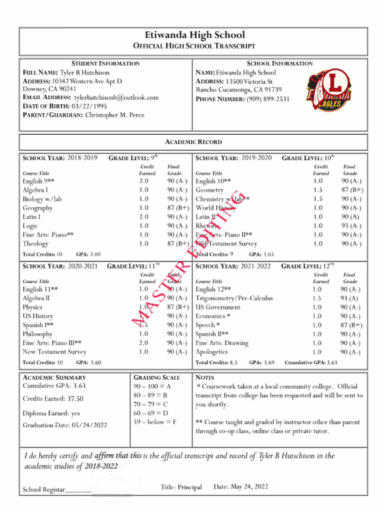 Tyler Official Etiwanda Transcript2 | PDF