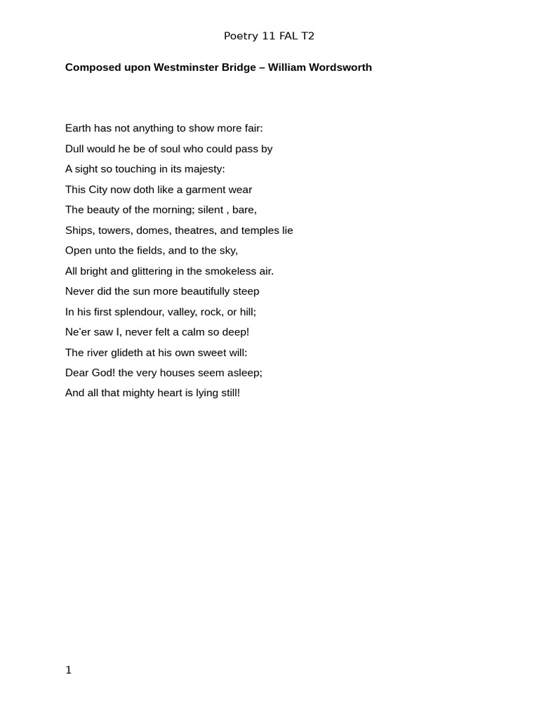 Poetry t2 Fal GR 11 - Composed Upon Westminster Bridge by William ...