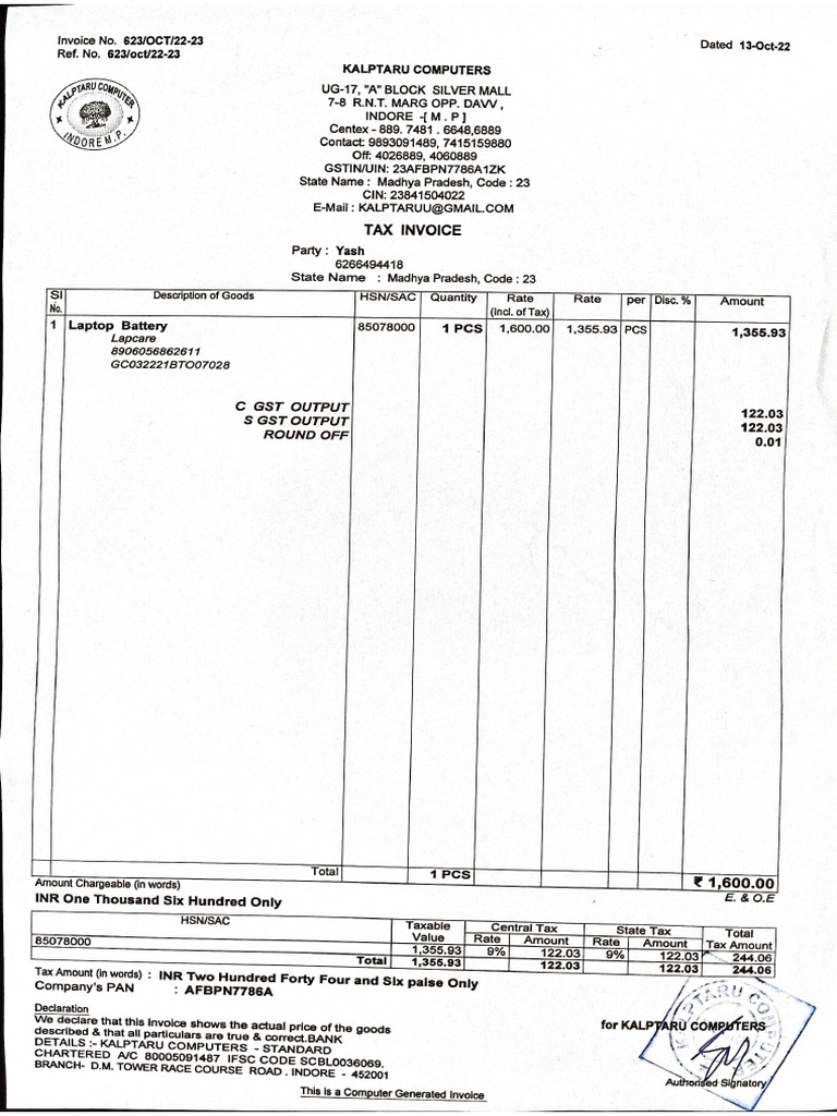 Lapcare Battery Invoice | PDF