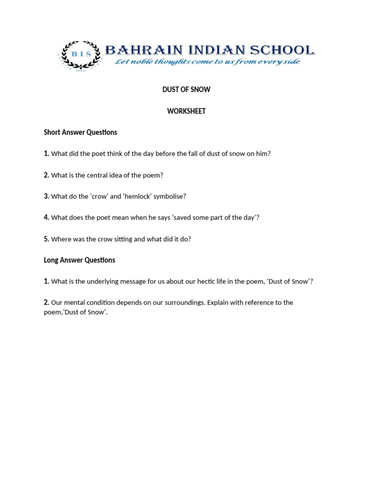 DUST OF SNOW WORKSHEET (1) | PDF