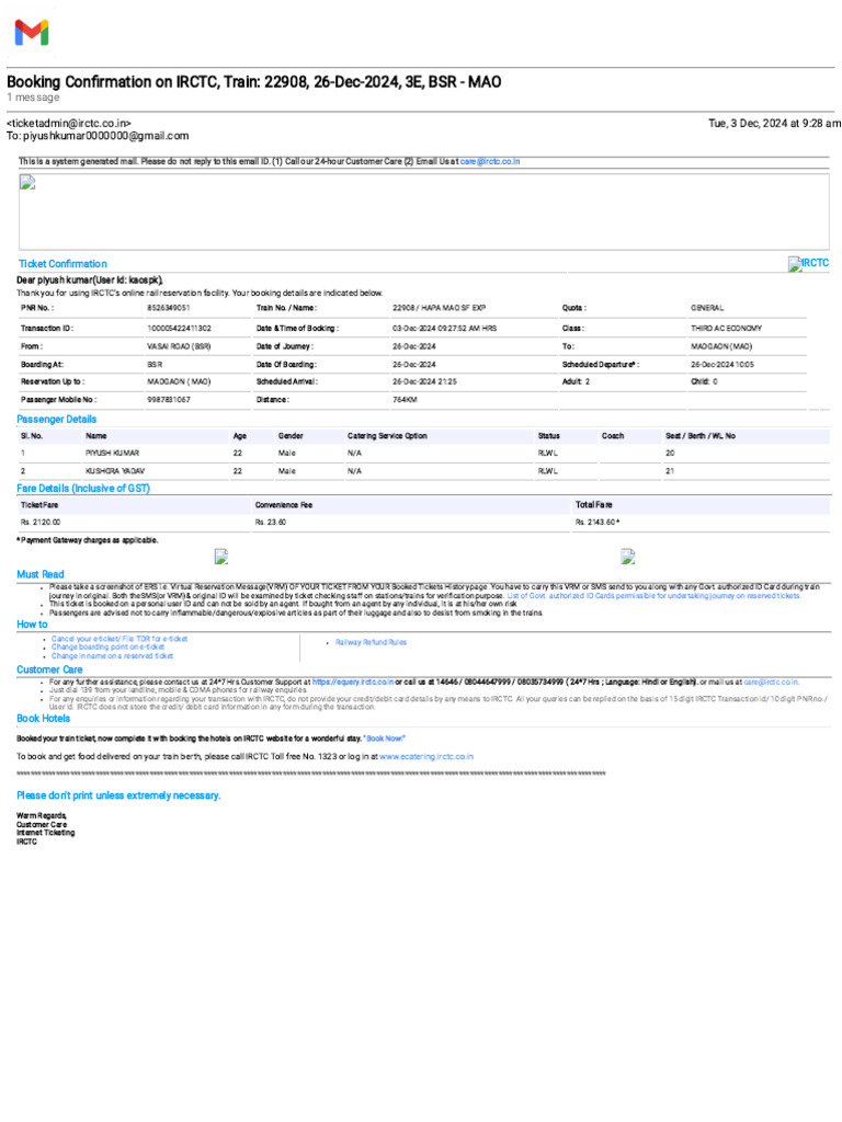 Gmail - Booking Confirmation On IRCTC, Train - 22908, 26-Dec-2024, 3E ...