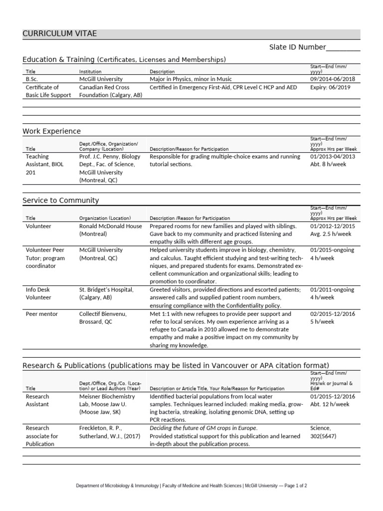 McGill University CV Template | PDF | Life Sciences | Biology
