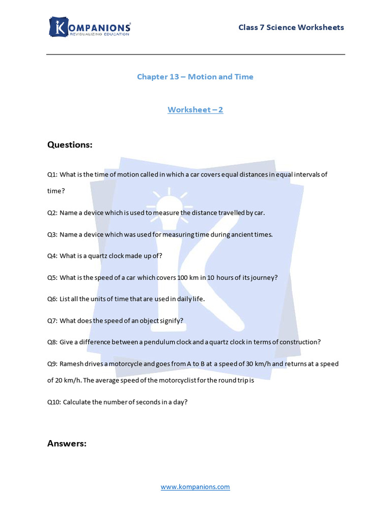Class 7 Science: Motion and Time Worksheets | PDF
