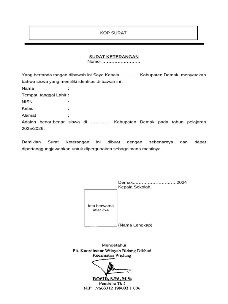 Contoh Surat Keterangan Kepala Sekolah Popda Kab Demak 2025 | PDF