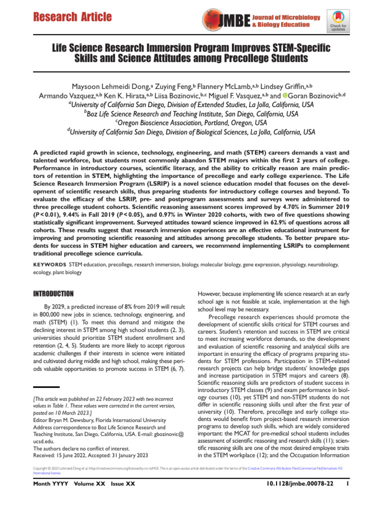 Life Science Research Immersion Program Improves STEM Specific Skills ...