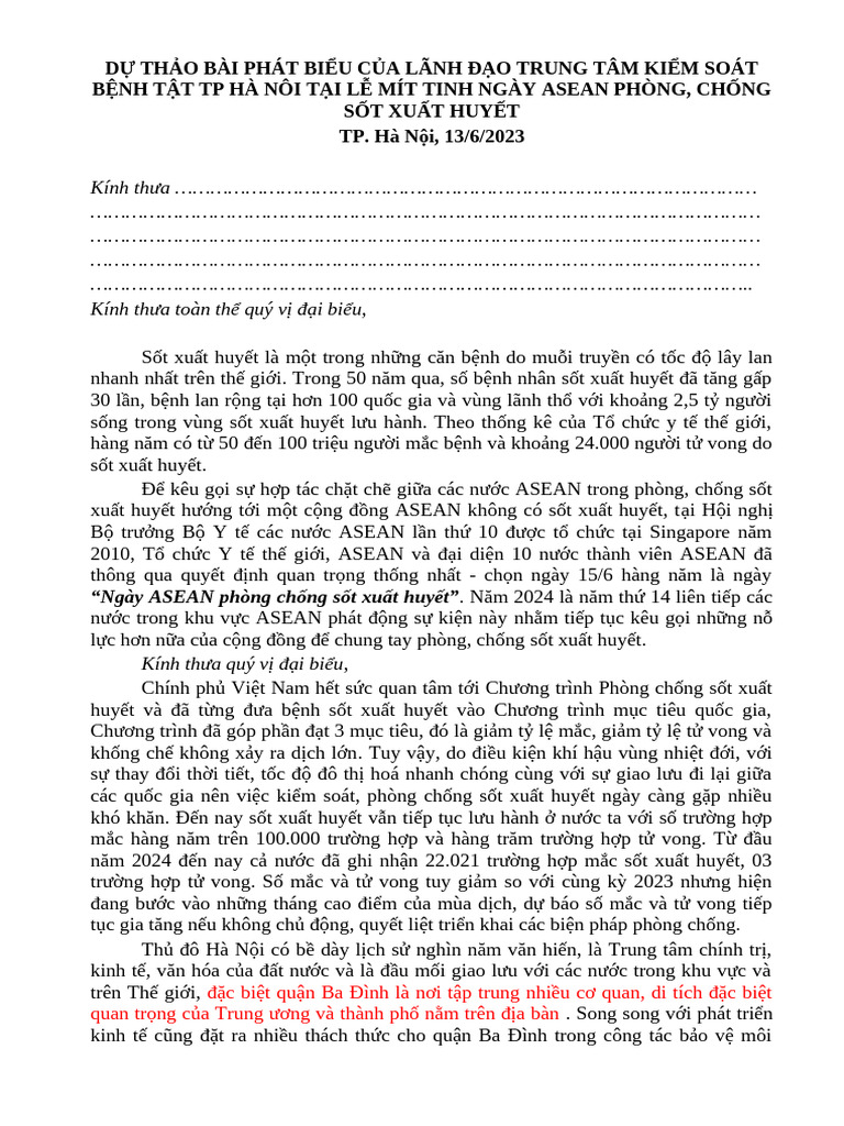 Dự Thảo Bài Phát Biểu Của LĐC Ngày ASEAN Phòng Chống SXH 2024 Đan Phượng HN | PDF