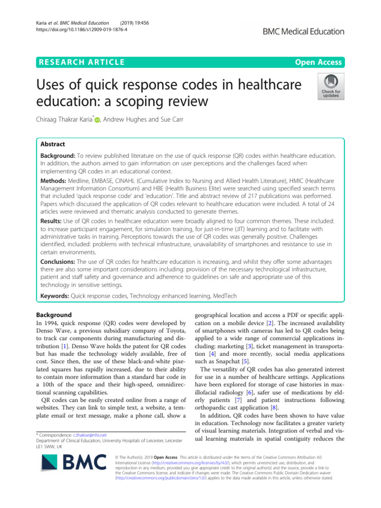 2019 - Uses of Quick Response Codes in Healthcare Education - A Scoping Review | PDF | Qr Code ...