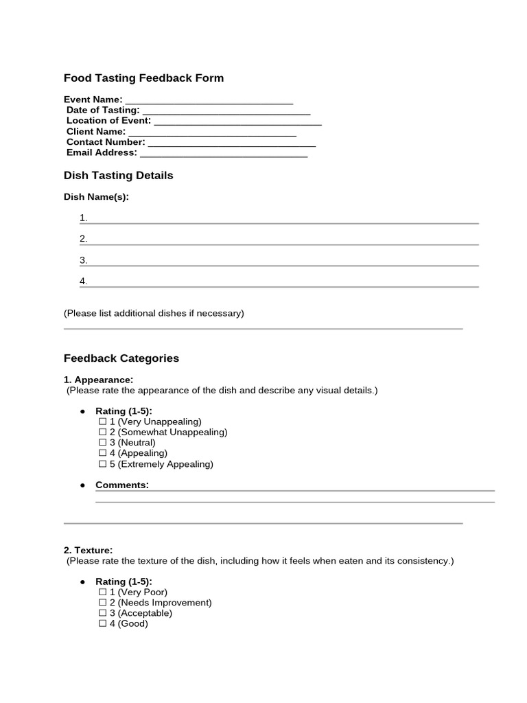 Food Tasting Feedback Evaluation Form | PDF | Taste | Foods