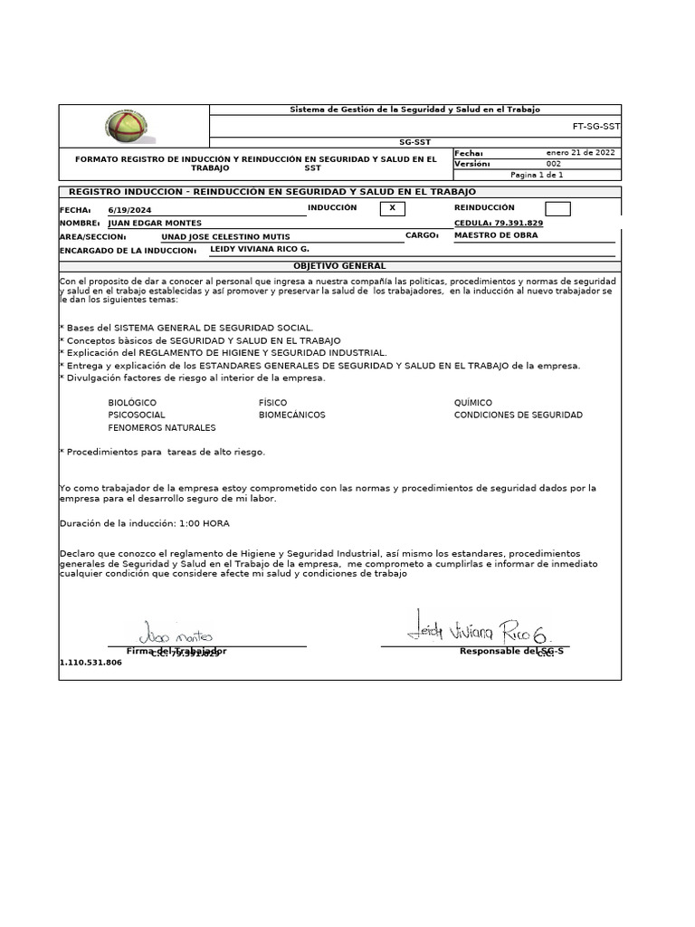 FT-SST-ABDC Formato de Inducción y Reinducción en SST . | PDF | Valores