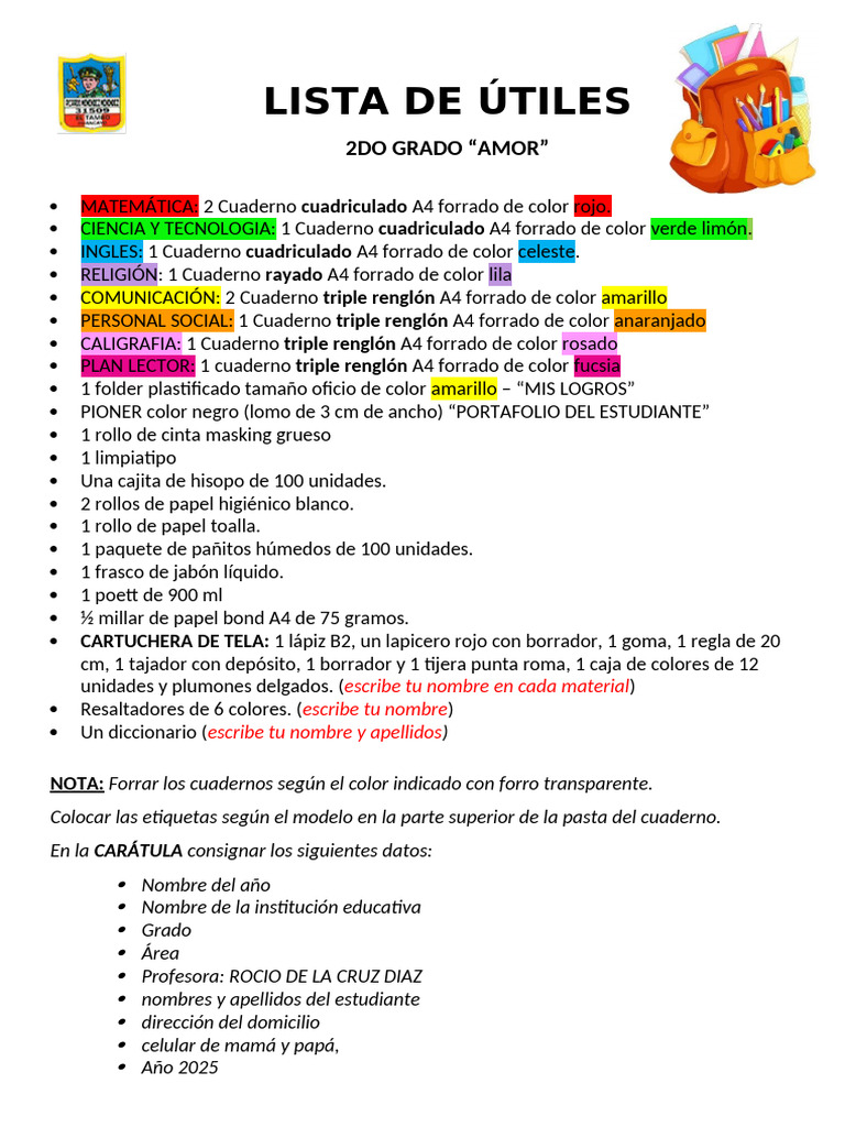 LISTA DE ÚTILES DEL 2do Grado AMOR | PDF | Papelería | Diseño gráfico