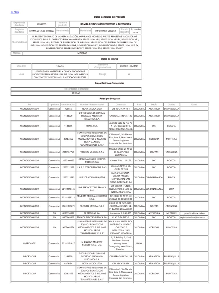 Registro Invima Bomba de Infusion Mindray | PDF