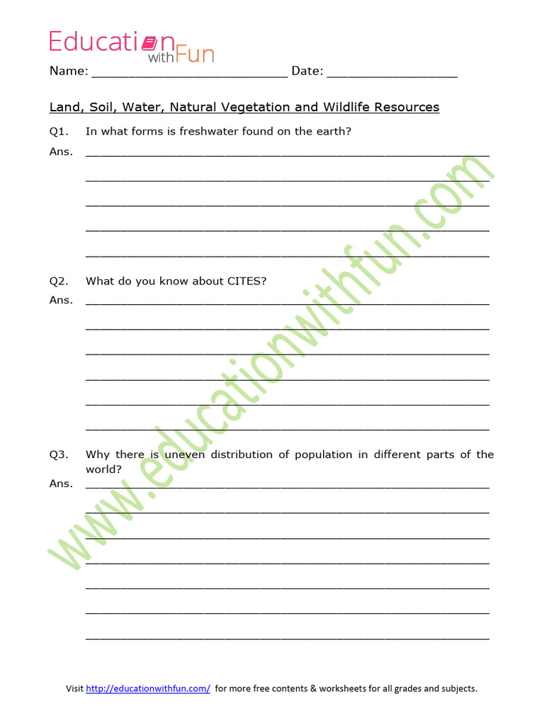 Land, Soil, Water, Natural Vegetation and Wildlife Resources Worksheet ...