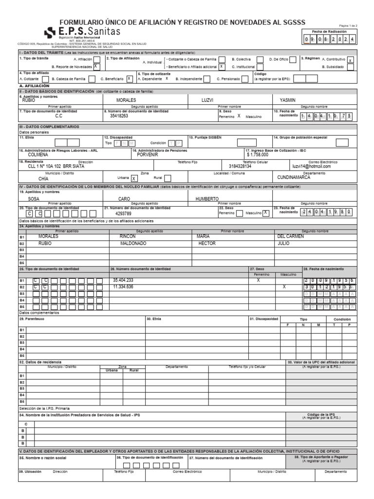 Formulario Unico de Afiliacion EPS Sanitas | PDF
