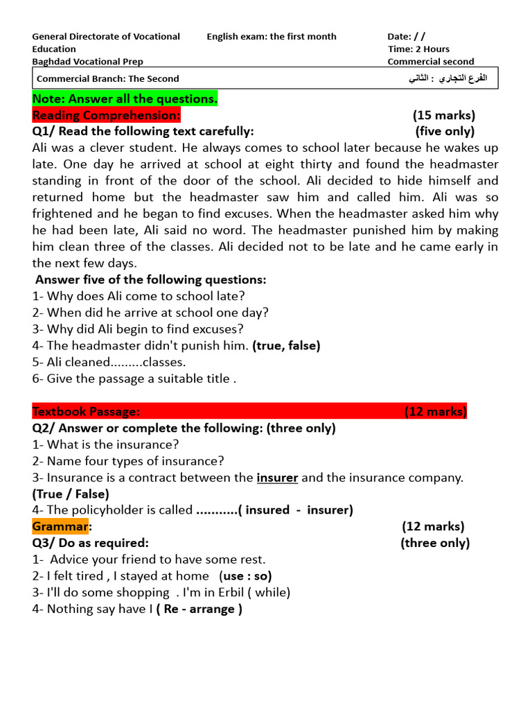 Vocational English Exam: Reading & Grammar | PDF