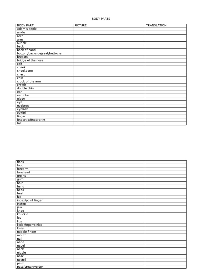 Body Parts with Translations and Images | PDF